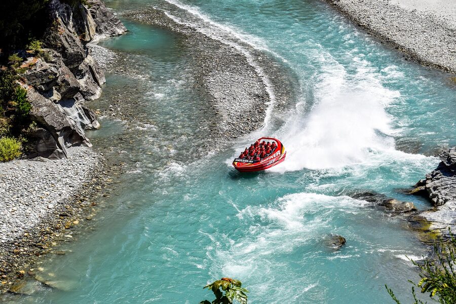 Jet boat on a river in Queenstown New Zealand