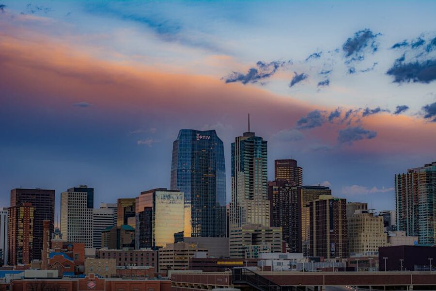 Denver cityscape at sunset