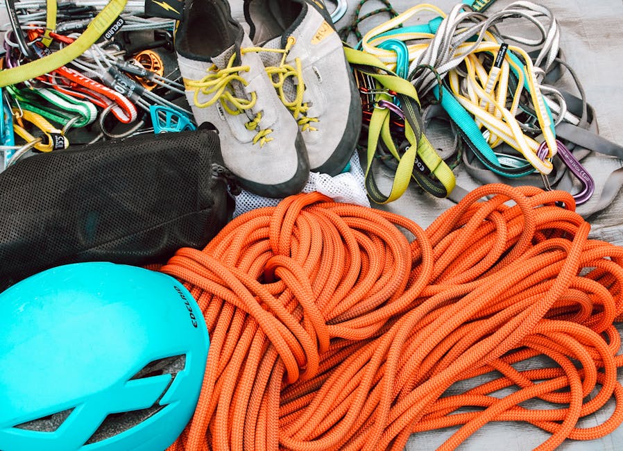 Climbing harness, helmet and ropes for safety