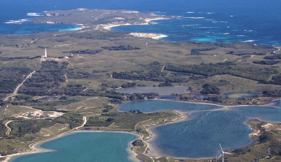 Aerial of Rottnest Island showing pink salt lake