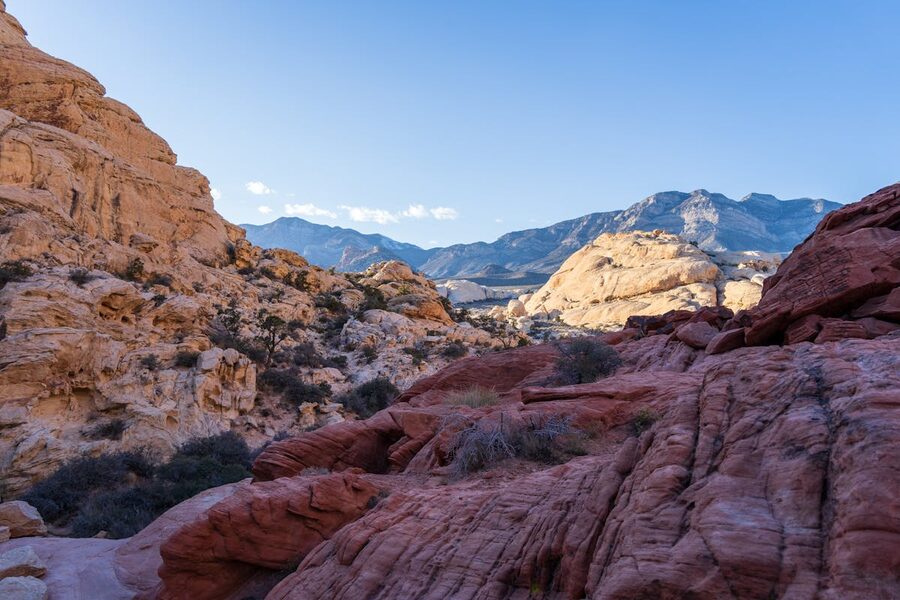 Red Rock Canyon rock formations under clear blue sky