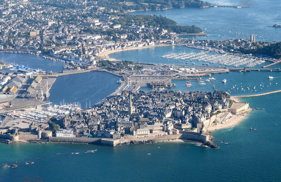 Aerial view of the fortified city of Saint-Malo from the sea