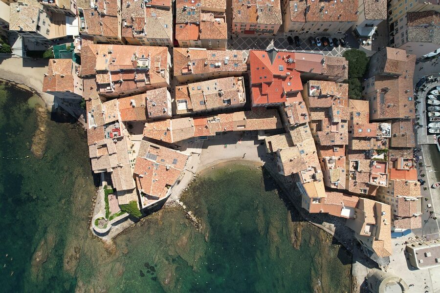 Aerial view of Saint-Tropez port and the village along the Mediterranean