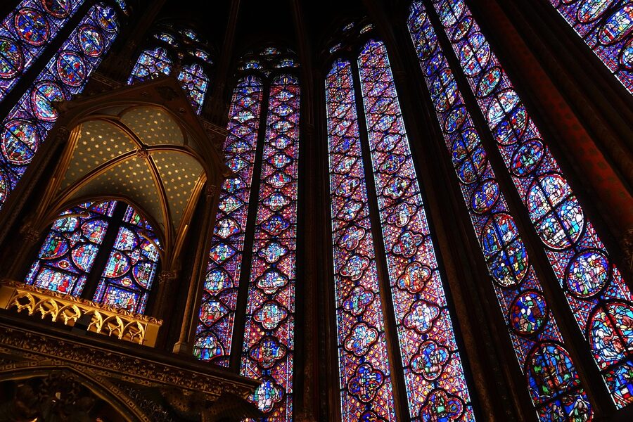 Sainte-Chapelle stained glass with light streaming through Paris