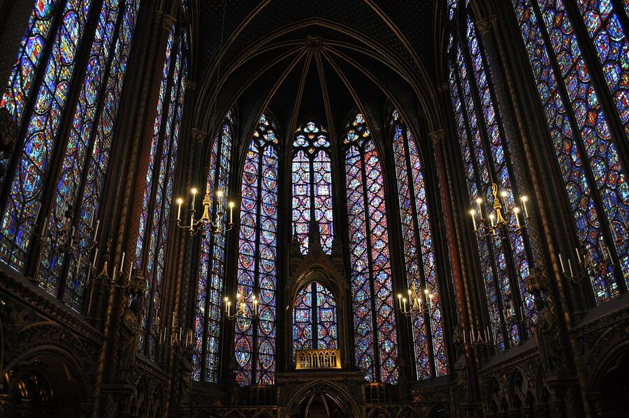 Wall of stained glass windows at Sainte-Chapelle Paris