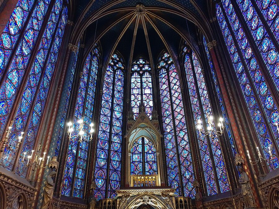 Sainte-Chapelle stained glass windows close detail in Paris