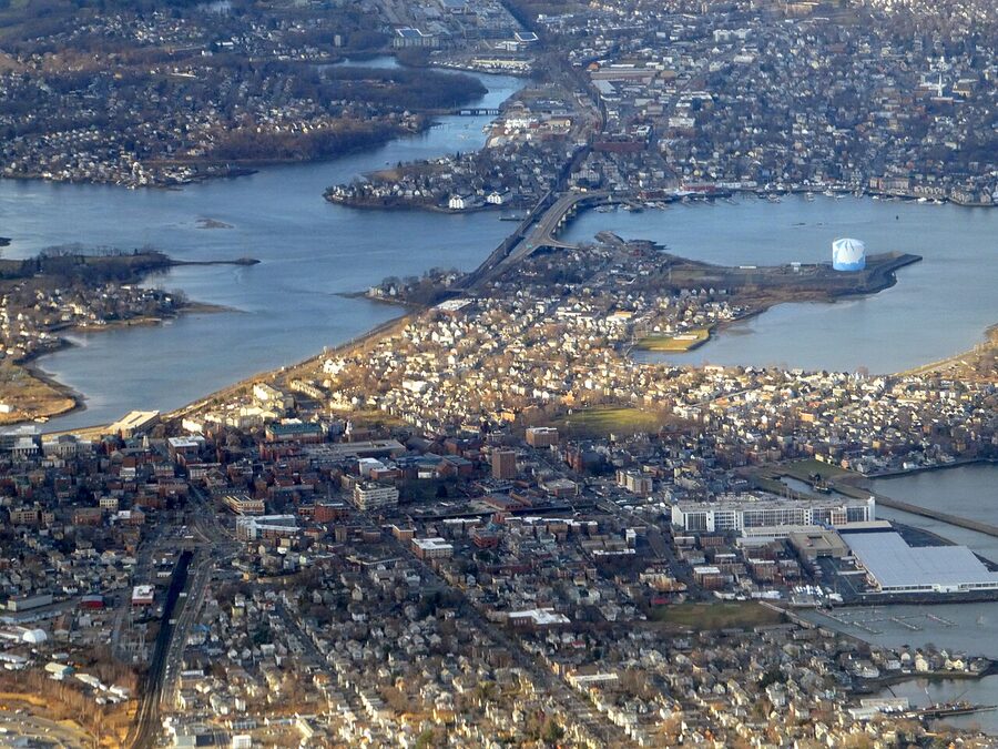 Aerial view of Salem Massachusetts with harbor and downtown