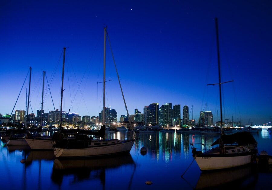 San Diego Bay and marina at sunset with boats
