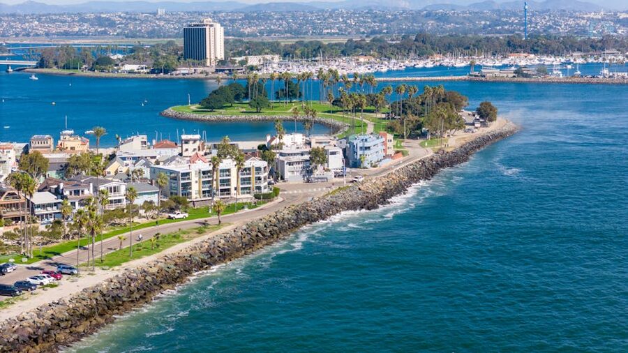 Aerial view of San Diego coastline with ocean