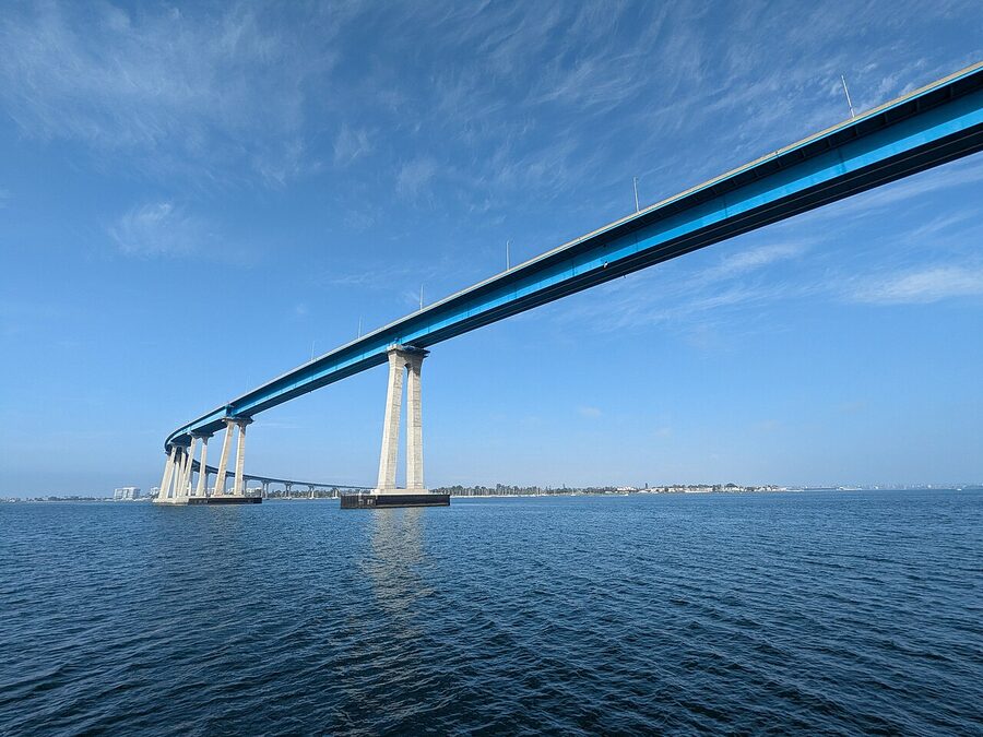 The San Diego-Coronado Bridge seen from directly below on a boat