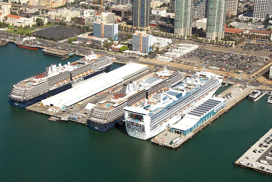 Cruise ships docked at the Port of San Diego cruise terminal
