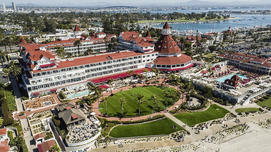 Aerial view of the Hotel del Coronado and its famous red turrets