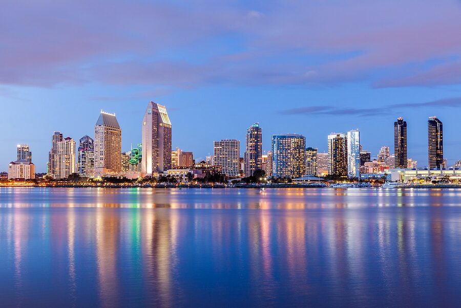 San Diego skyline at dusk seen from Coronado