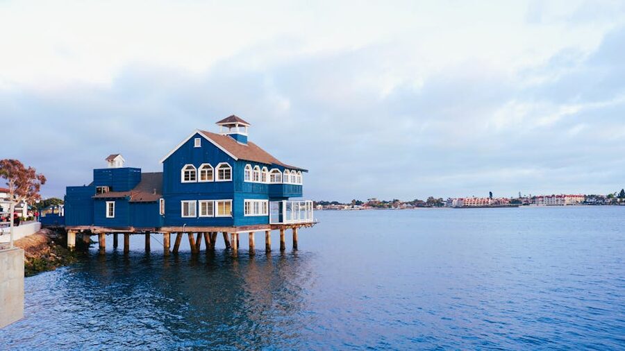 Seaport Village blue stilt building on the San Diego waterfront