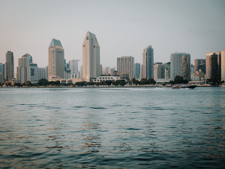 San Diego skyline across the bay in daytime with iconic buildings