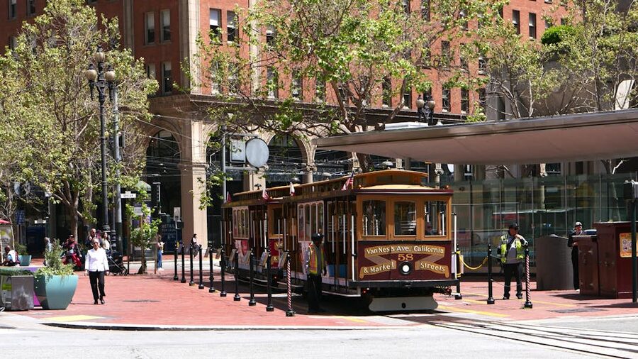 Classic San Francisco cable car stopped on a sunny day
