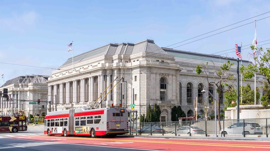 Civic Center architecture with trolley bus, San Francisco