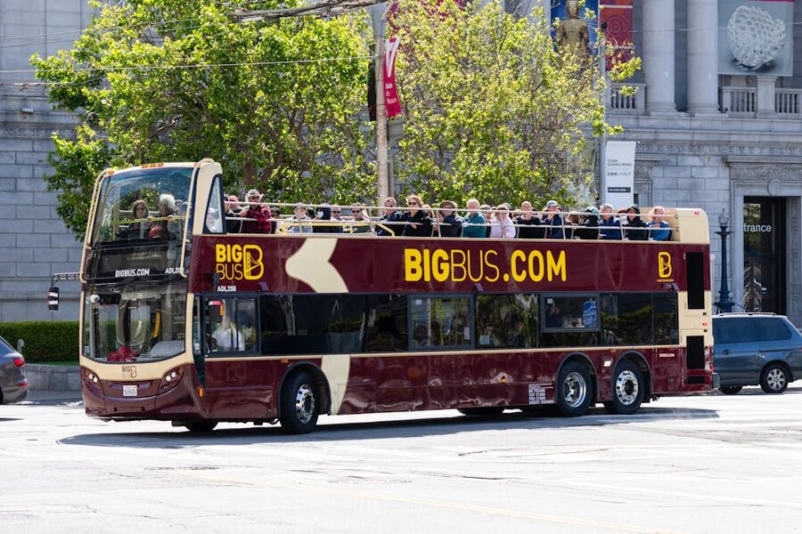 Sightseeing double-decker bus on a city tour in San Francisco
