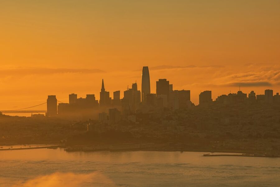 San Francisco skyline at sunset from the bay