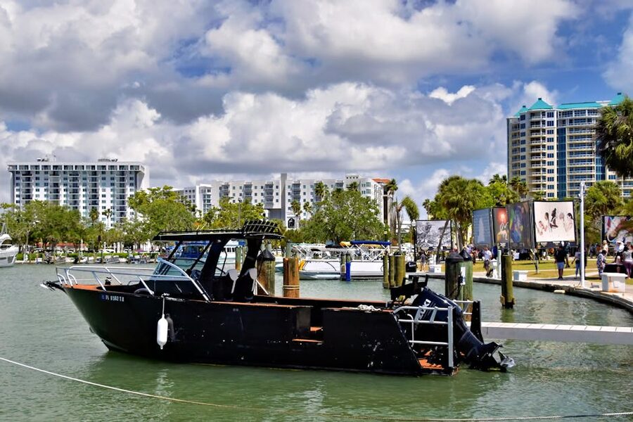 Sarasota marina with city skyline