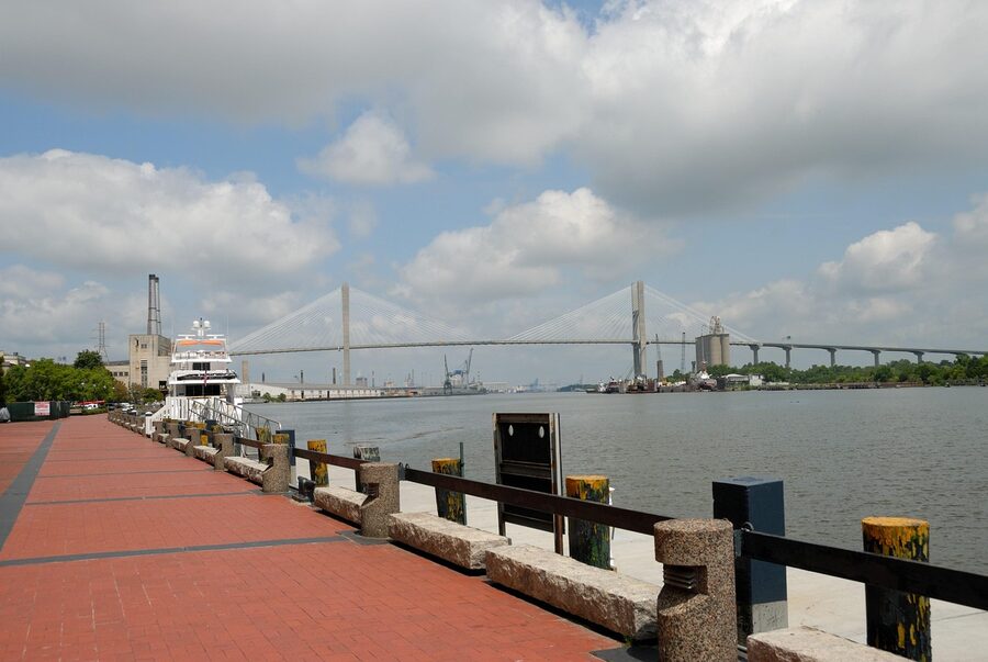 Historic Savannah riverfront facade on a sunny day