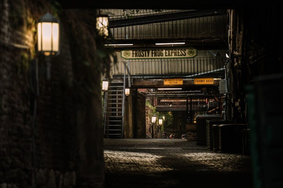 Historic Savannah alley at dusk with ambient lantern lighting