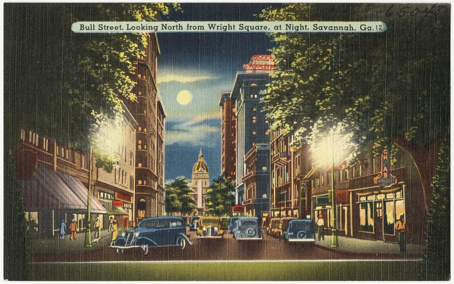 Bull Street at night Savannah Georgia historic district ghost tour