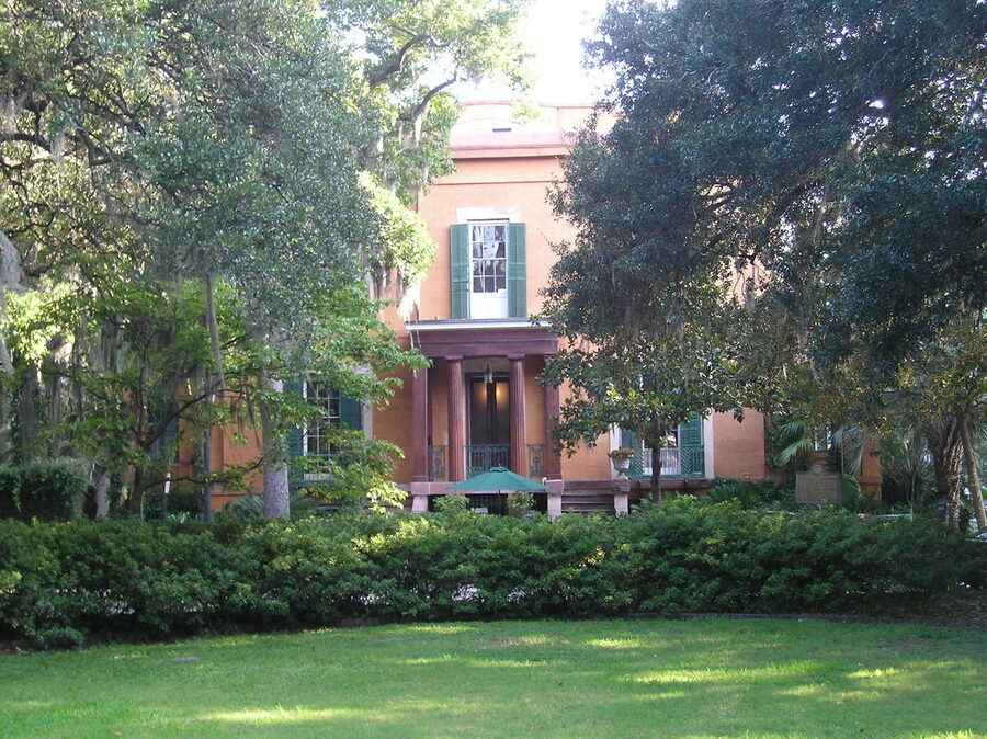 Madison Square in Savannah's Historic District with monument and trees
