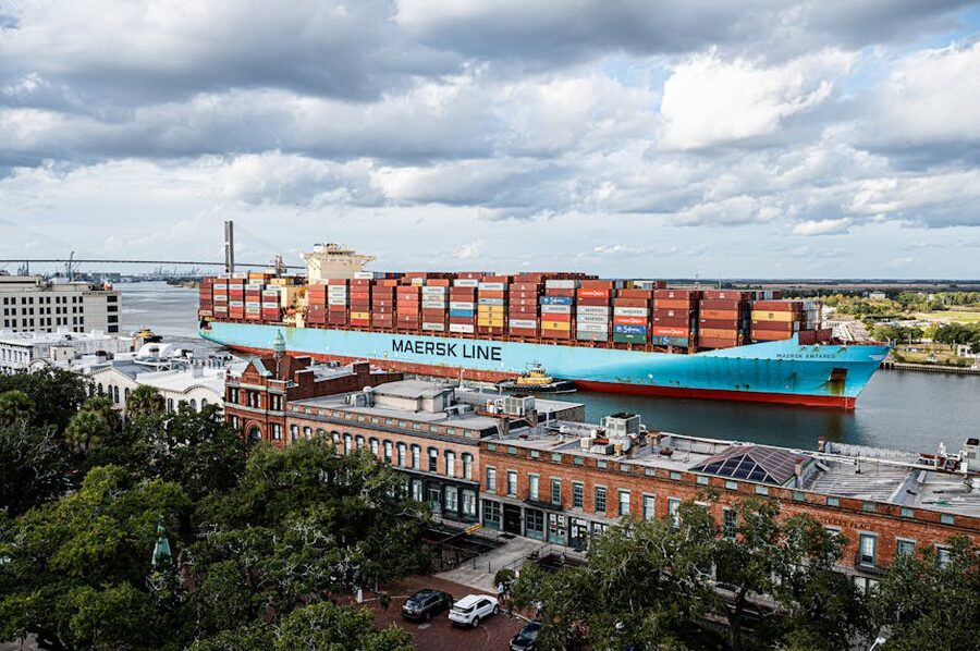 Cargo ship on the Savannah River passing the historic downtown