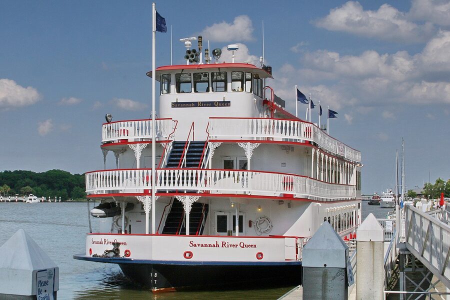 Savannah River Queen riverboat tied up at the dock