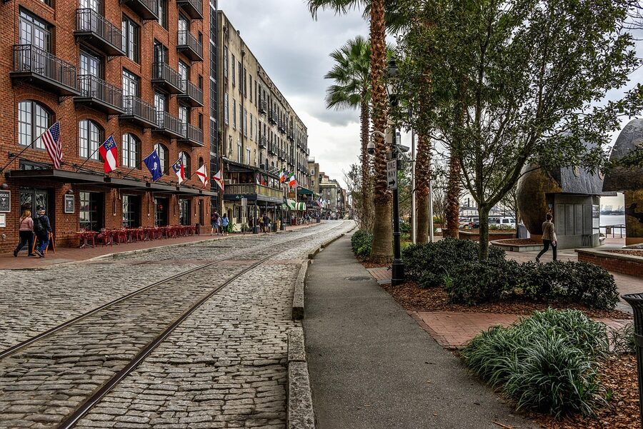 River Street cobblestones and historic shopfronts in Savannah
