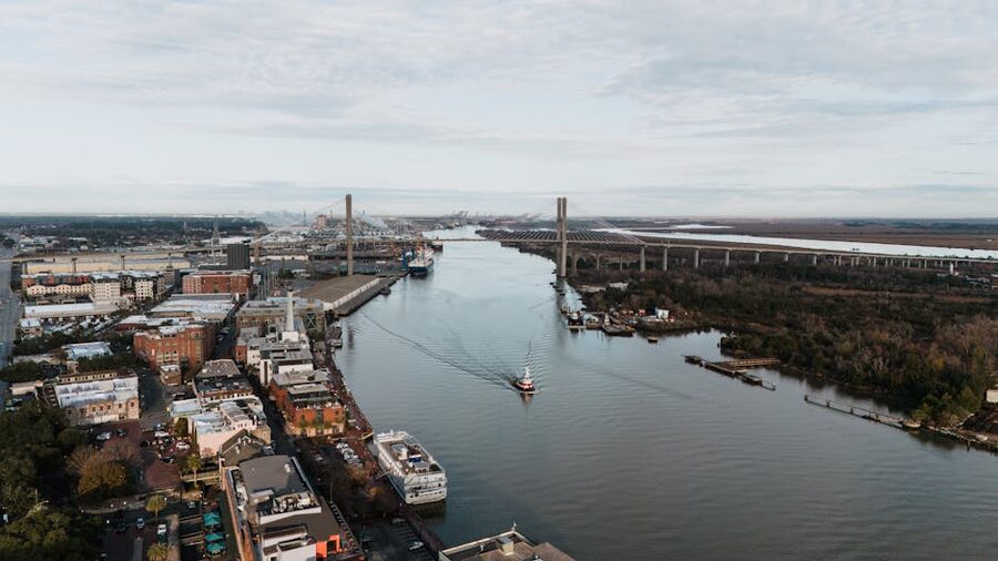 Aerial view of the Savannah River and Talmadge Memorial Bridge