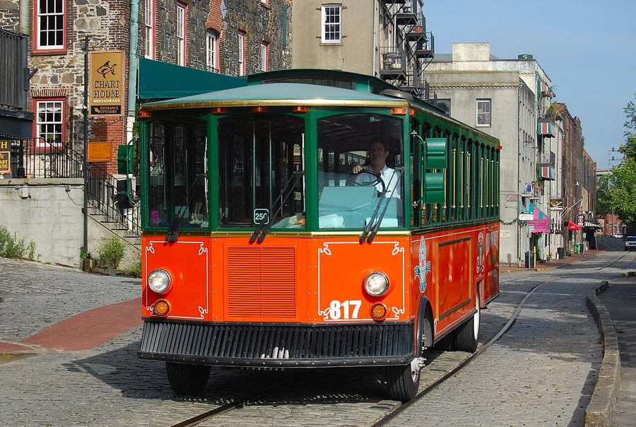 Savannah tourist trolley on a Historic District street