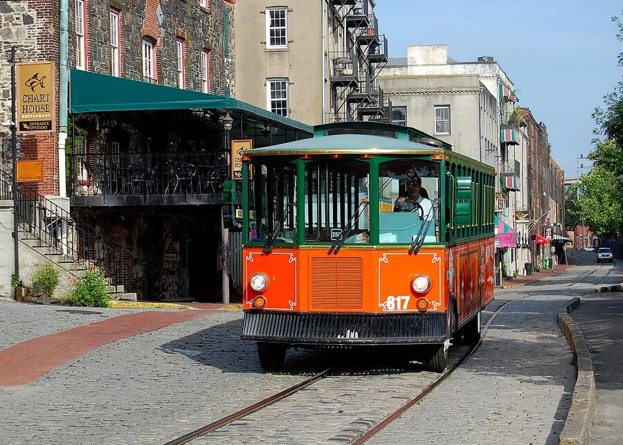 Savannah trolley parked on River Street