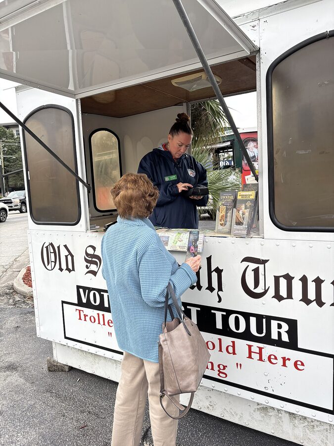 Savannah trolley ticket booth outside the Visitors Center