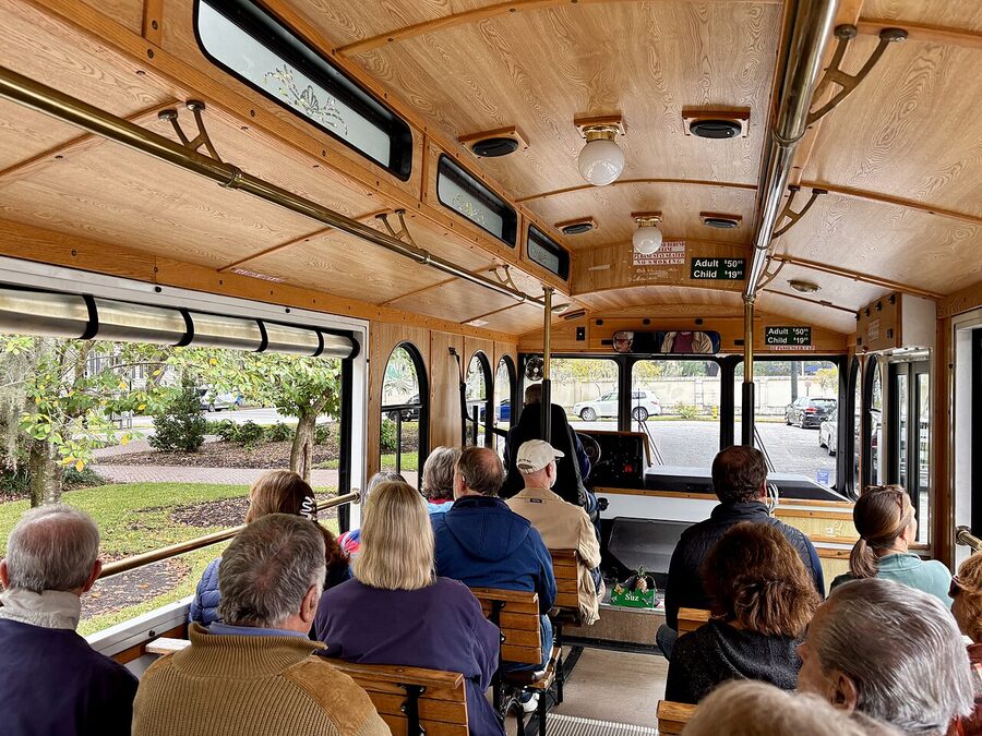 Passengers seated inside a Savannah trolley