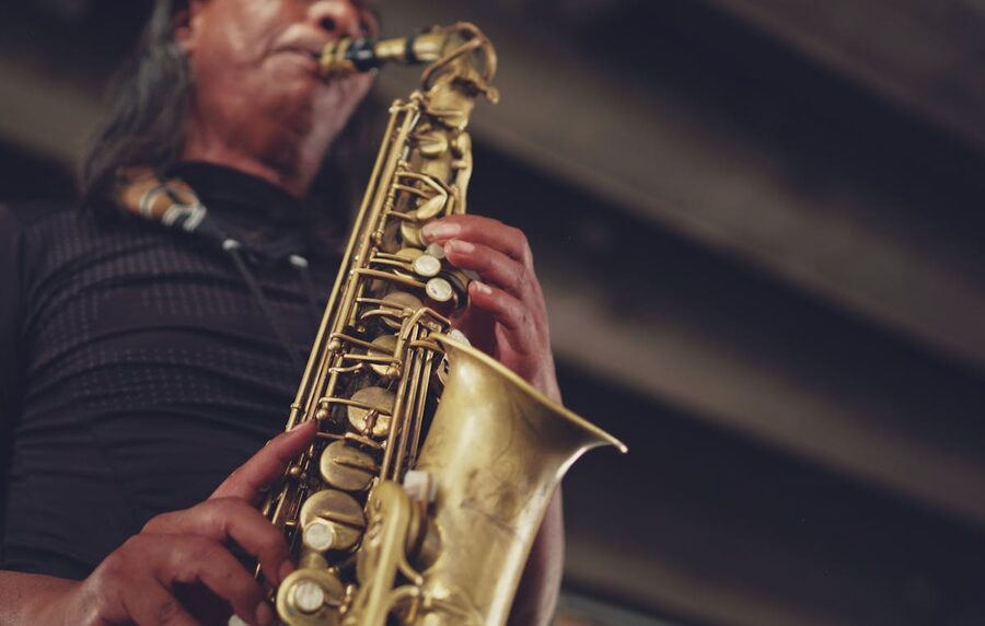 Close-up of a jazz musician performing with a saxophone