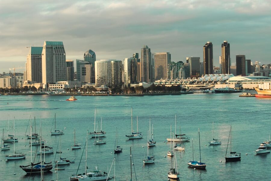Sailboats at anchor in San Diego harbor