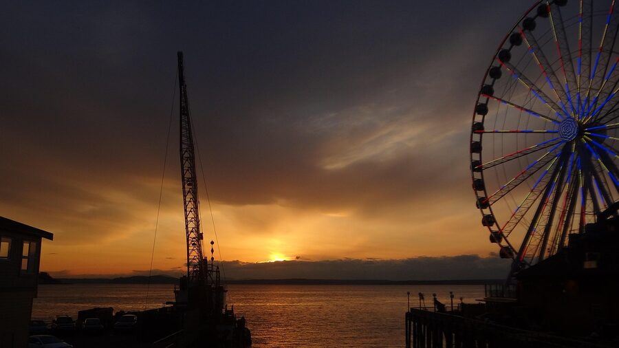 Seattle Great Wheel and a harbor boat on Puget Sound