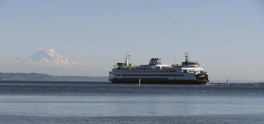 Seattle ferry with Mount Rainier across Puget Sound