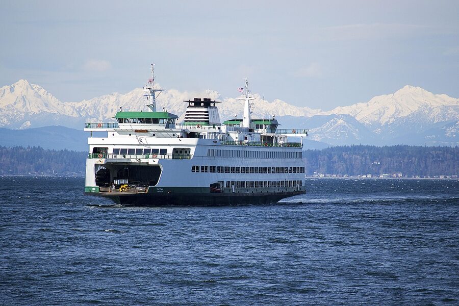Seattle ferry with Olympic Mountains in the distance