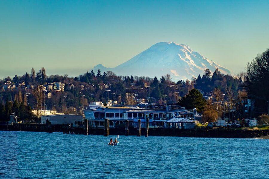 Mount Rainier visible across Seattle waterfront on a clear day