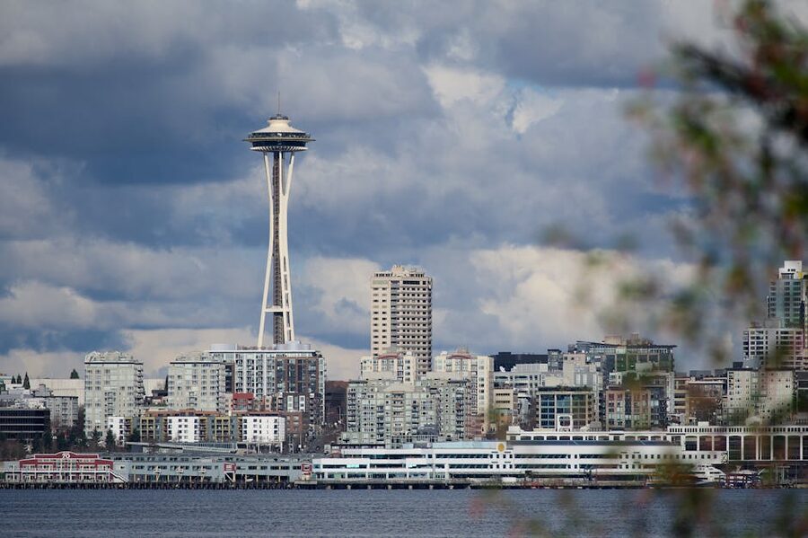 Space Needle and Seattle waterfront seen from the harbor