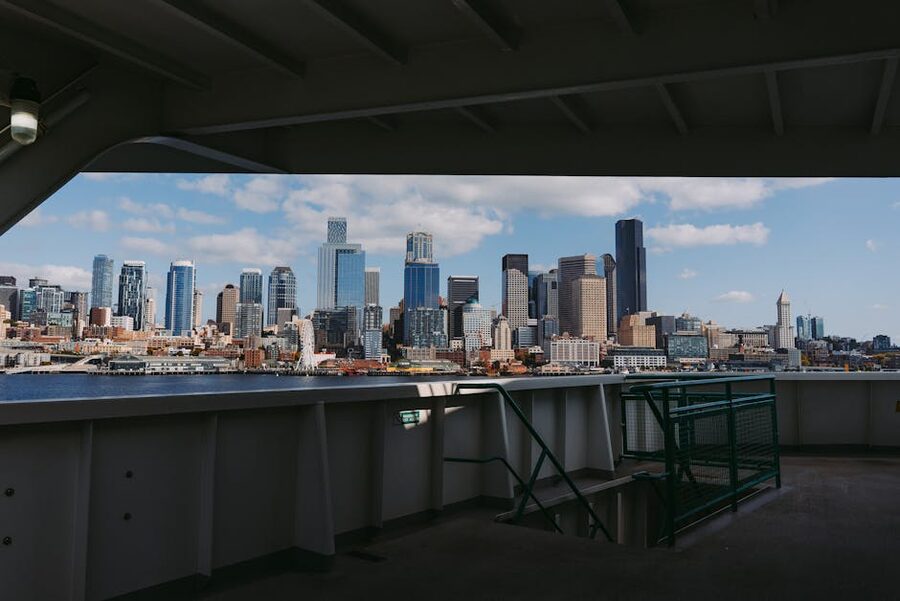 Seattle skyline viewed from a ferry deck on Elliott Bay