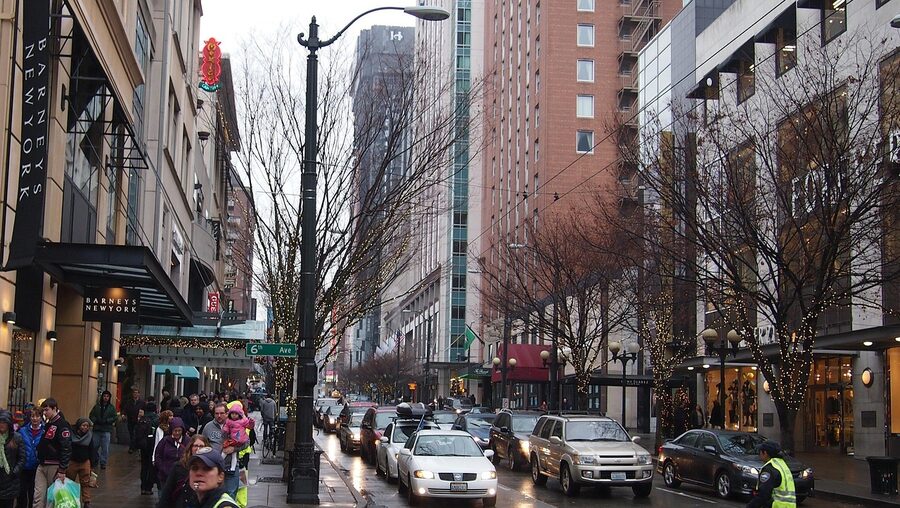 Seattle downtown street with traffic and skyscrapers