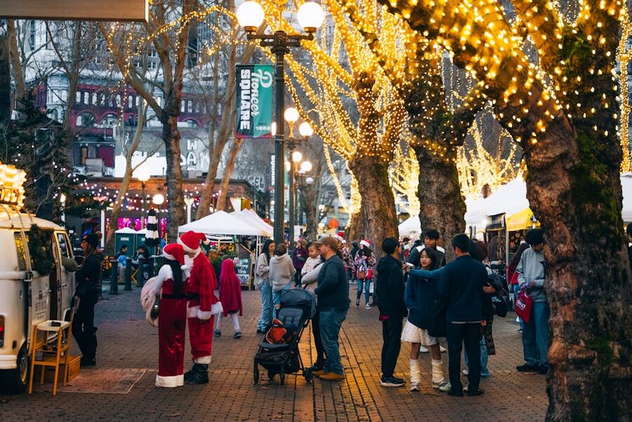 Pioneer Square Seattle during the winter holidays