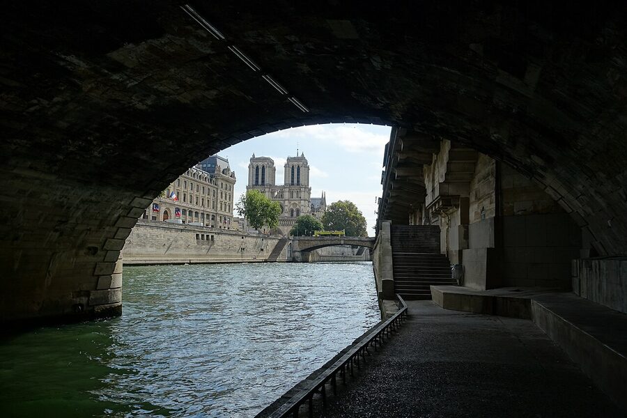 West facade of Notre-Dame de Paris from the Seine
