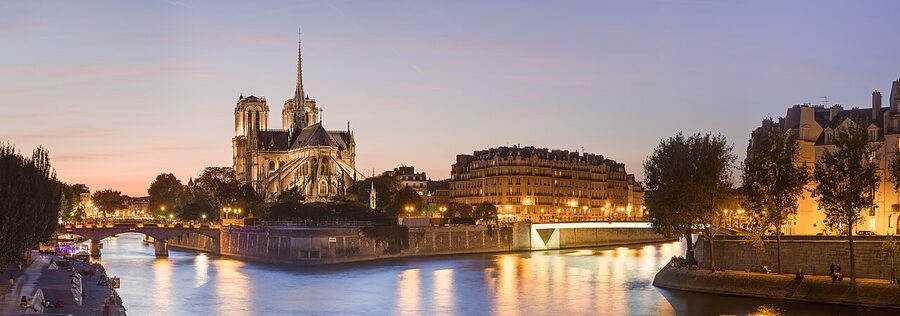 Notre-Dame Cathedral at dusk from Pont de la Tournelle in Paris