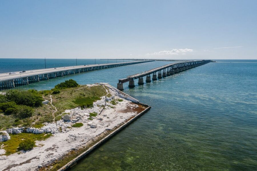 Aerial view of the Seven Mile Bridge stretching across Florida Keys waters