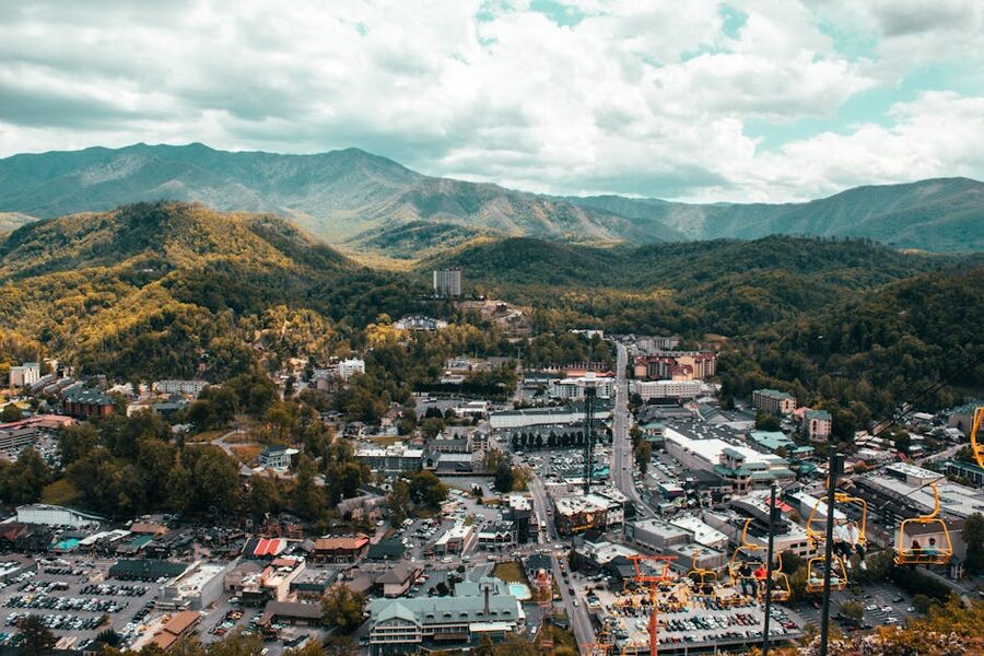 Pigeon Forge cityscape with Smoky Mountain backdrop